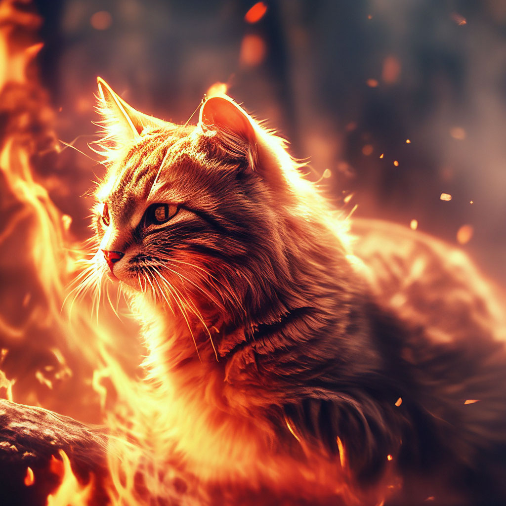 "A cat made of fire lets out a fiery force against the background of ...