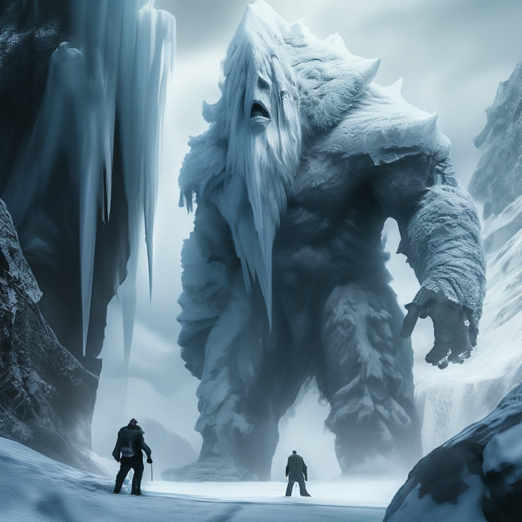 "Epic, the ice giant leaned on a rock, icy steam is coming from the ...