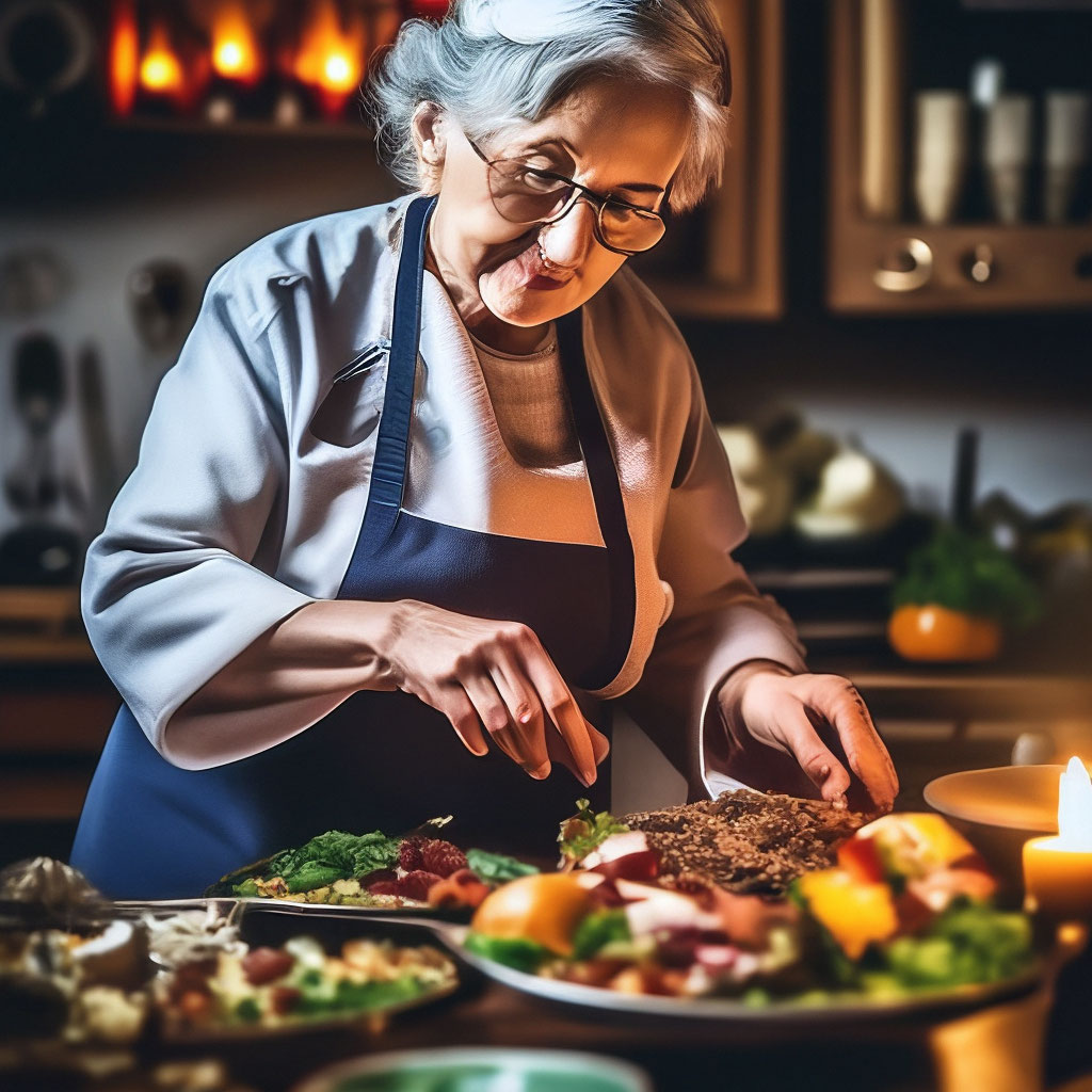"A festive dinner is prepared by an elderly cook, aesthetically ...