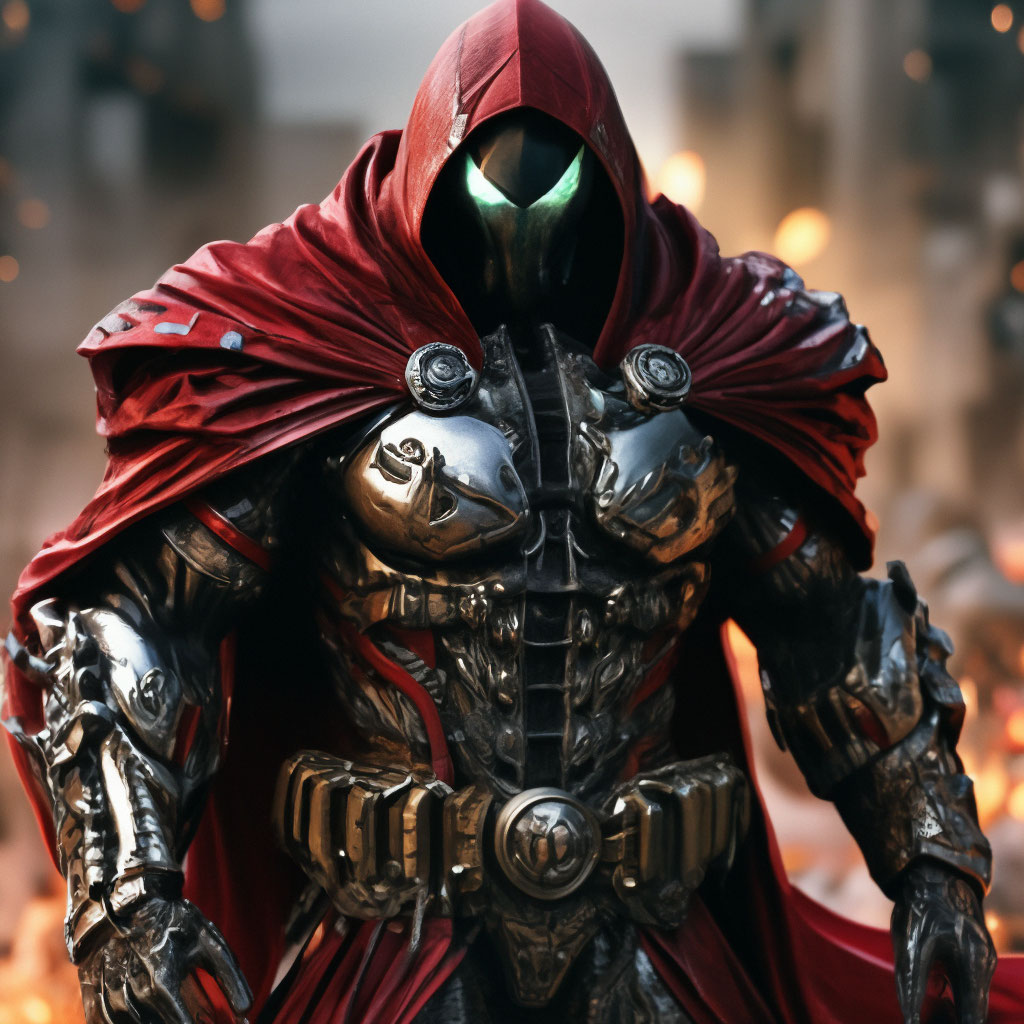 "Spawn juggernaut cyborg,more details,battlefield,red ragged cloak ...