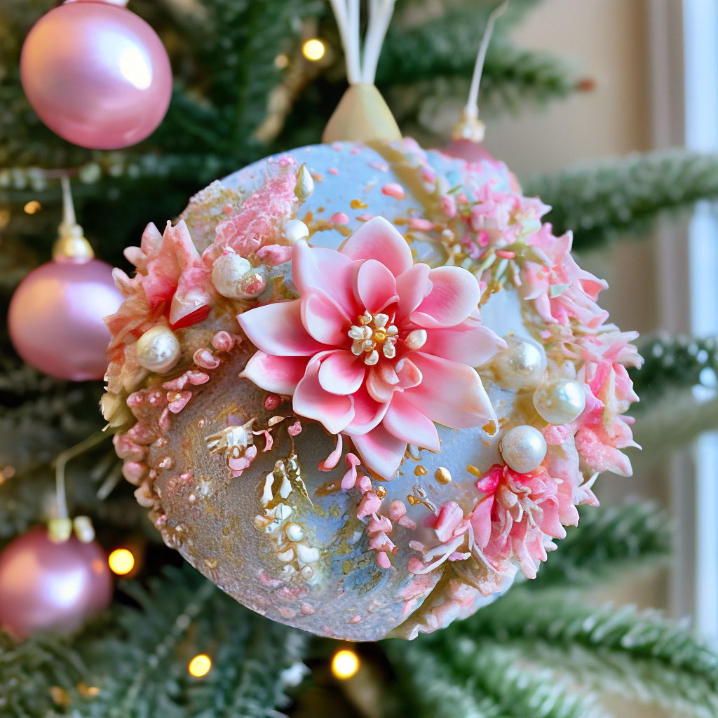 "Watercolor pink flowers, beads, pearls, cones, fir branches, frost ...