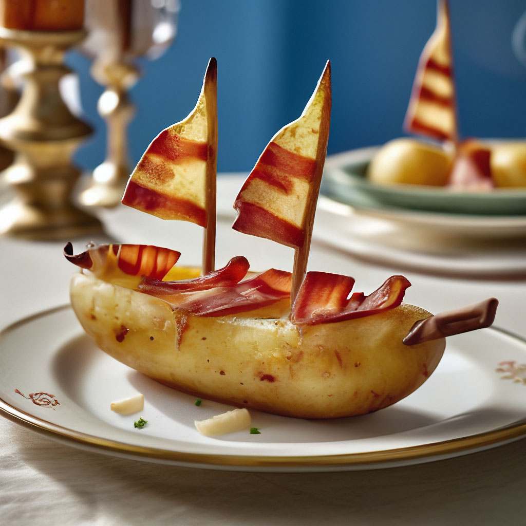 "Potato boats with bacon sails on a plate detailing is realistic ...