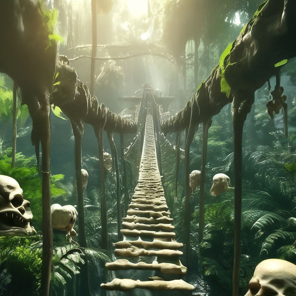 "Suspended bridge of human bones through the jungle, Jurassic jungle ...