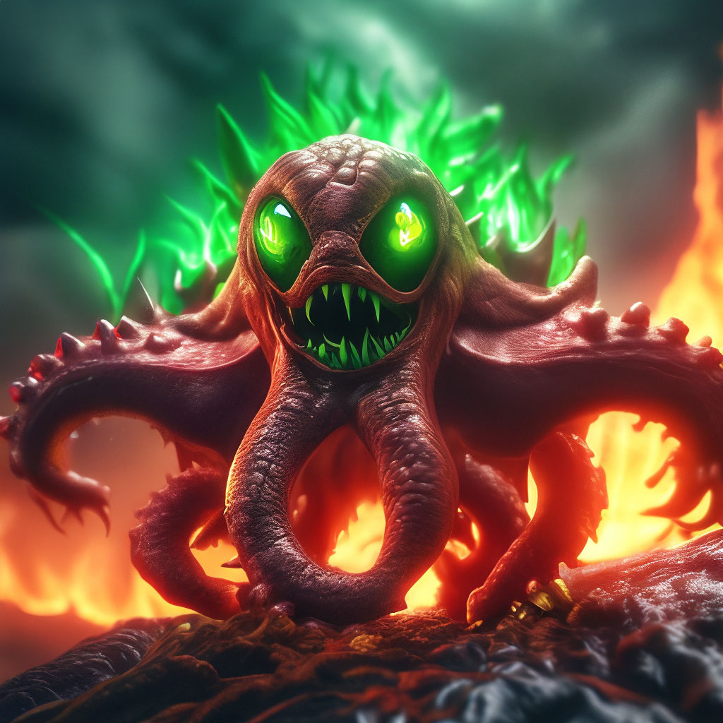 "A blob with emerald evil eyes, fiery big wings, with the texture of ...