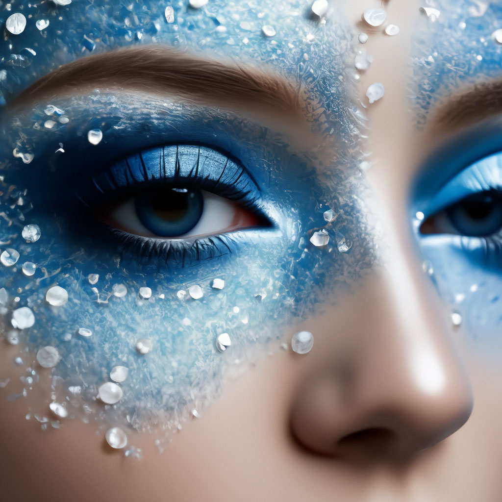 "Snow Makeup The girl's eye is large, there is a snow glitter on the ...
