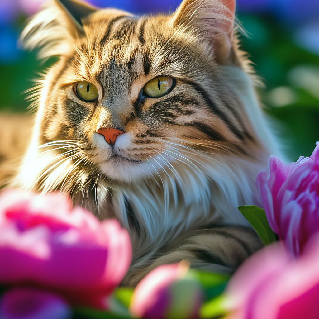 "Big beautiful cat meikun, lying on a flower bed with peonies, bright ...