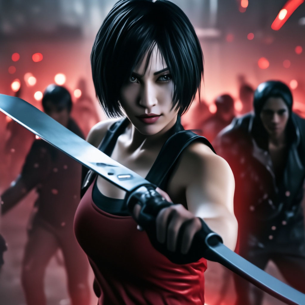 "Ada Wong with two machetes in her hands, in a fighting stance, around ...