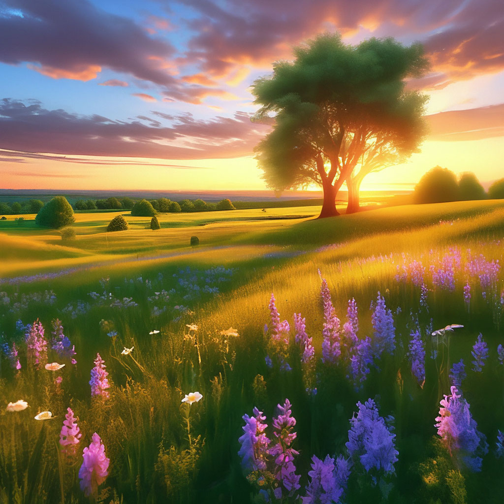 "Incredibly beautiful landscape.Meadow,flowers,sun,lonely tree,sunset ...