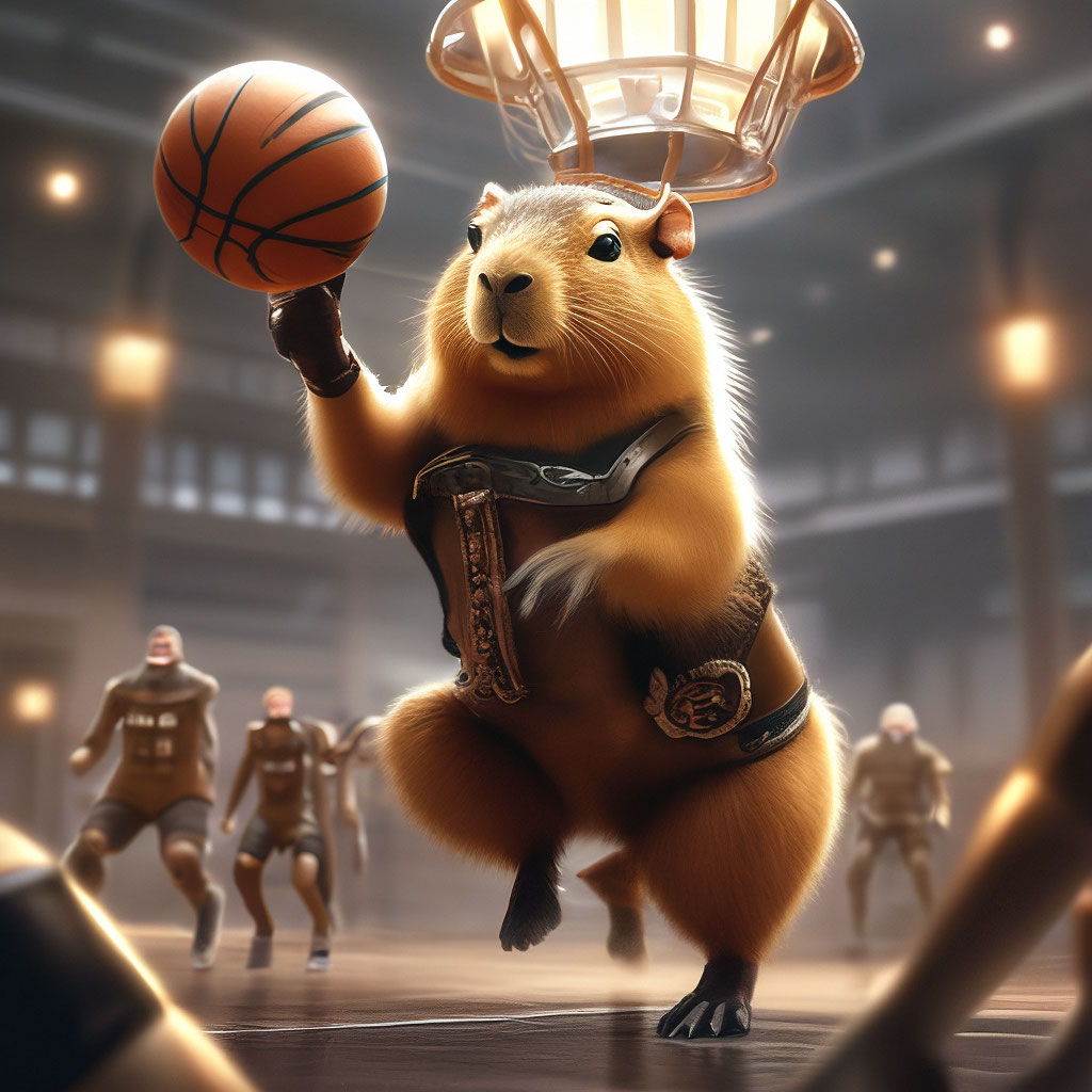"Capybara basketball player throws a three-point ball into the basket ...