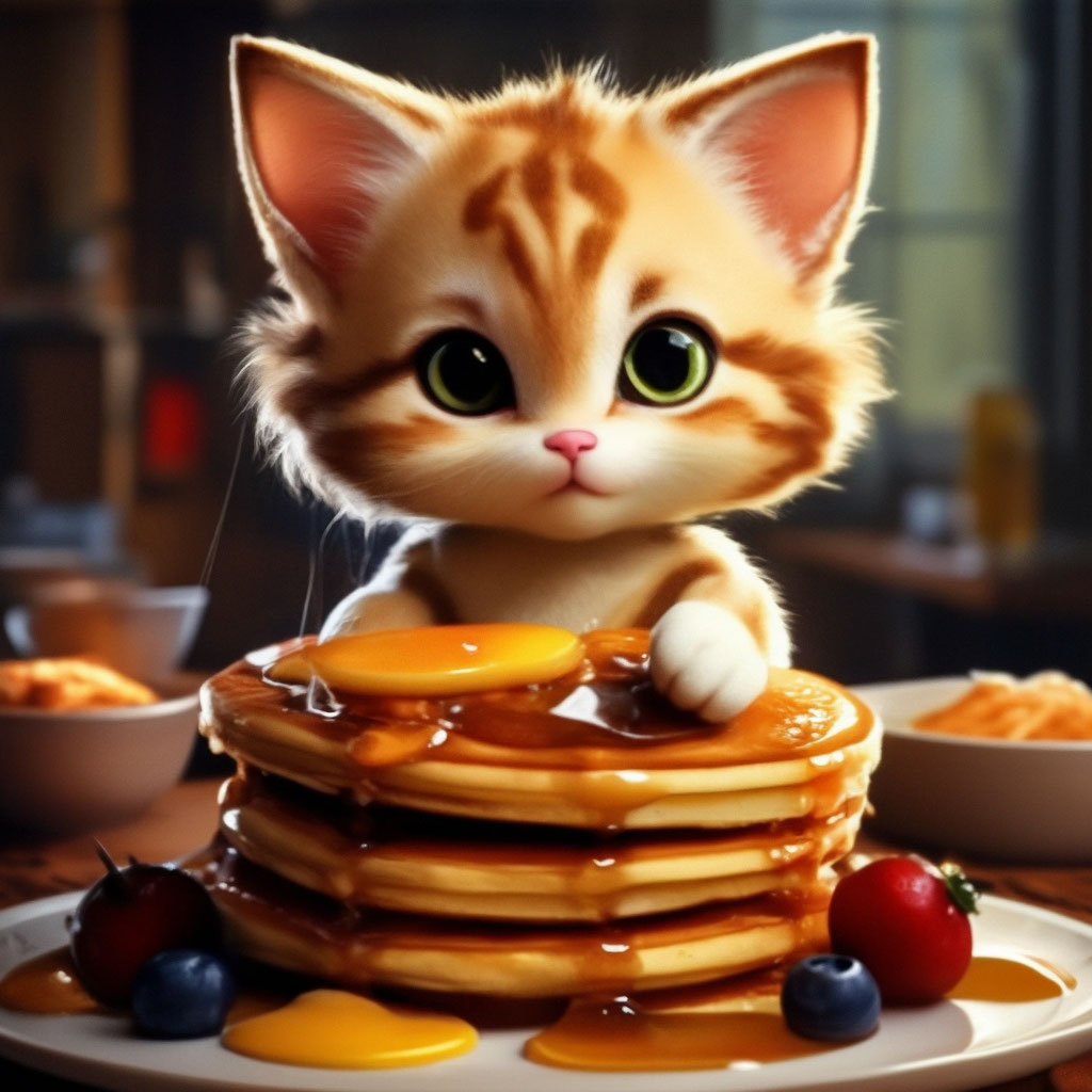 "Kitty cooks pancakes, cartoon" — image created in Shedevrum