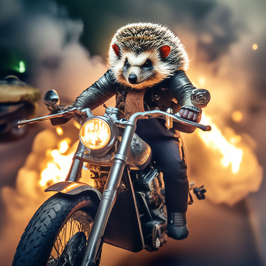 "A hedgehog biker on a Harley Davidson, wearing a helmet with horns ...