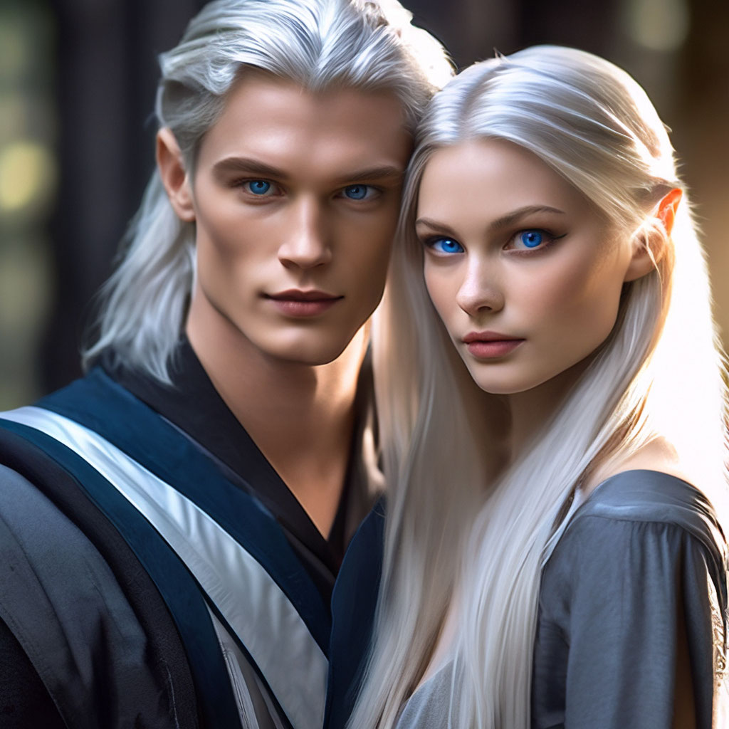 "A handsome elf man stands next to a beautiful elf,long silver hair ...