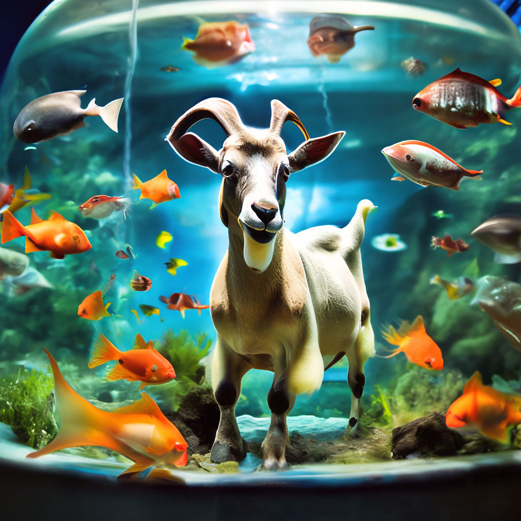 "Put a goat in an aquarium with fish" — image created in Shedevrum