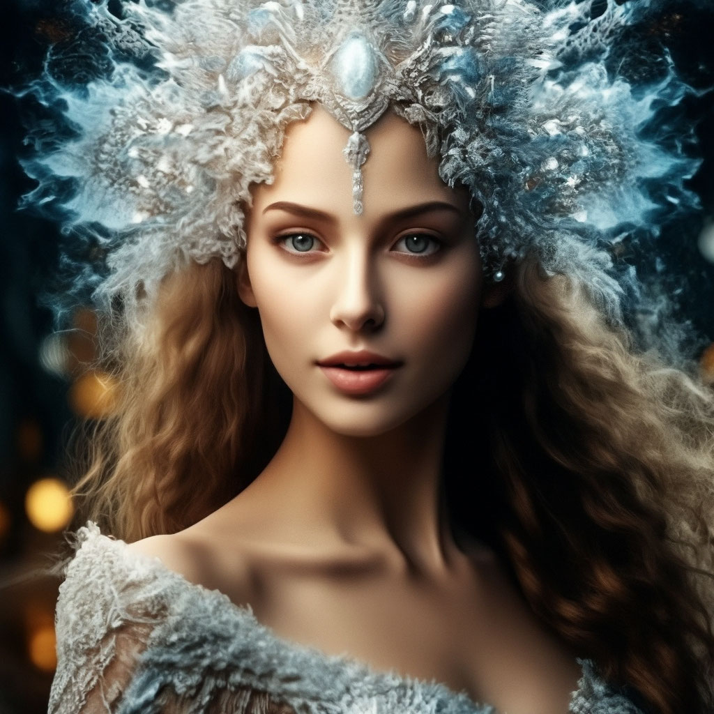 "Sur realism, anthropomorphic snow queen , cheerful, consists of ...