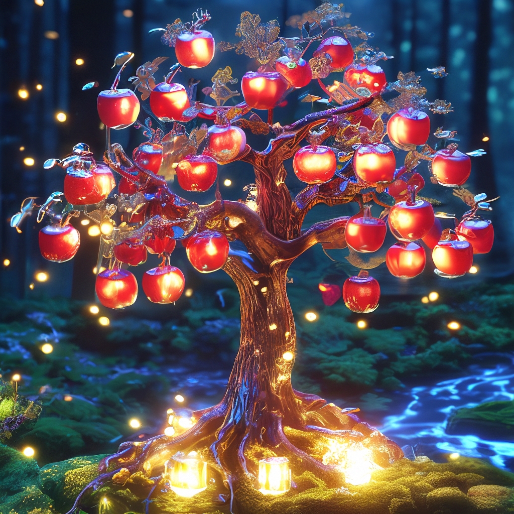 "Top view in full size, epic crystal tree apple tree with roots trunk a ...
