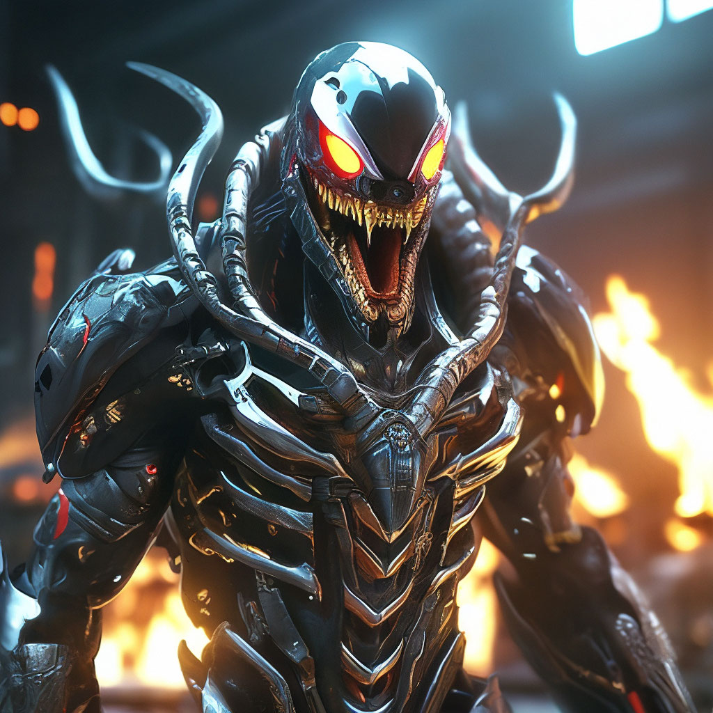 "Venom, an iron skull with flames coming out of its eyes, cyborg ...