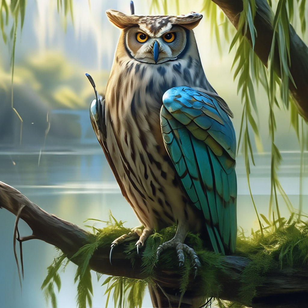 "Fish owl (Bubo blakistoni) sits on a willow branch near the river ...