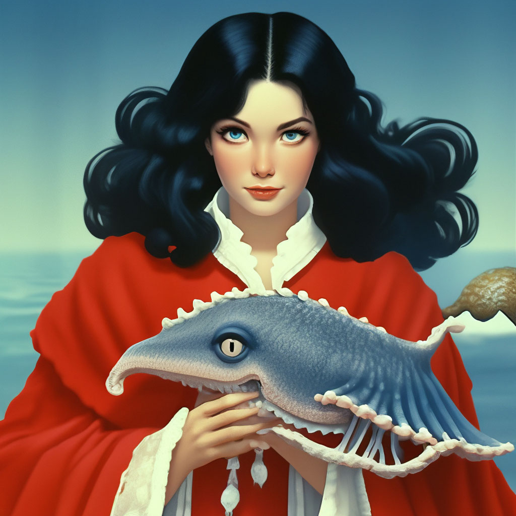 "Girl, black hair, wide cheekbones, blue eyes, in a red robe with a ...