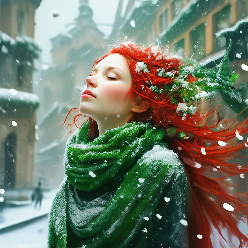""Let it snow" let it snow, fairy in full growth looks at the sky, eyes ...