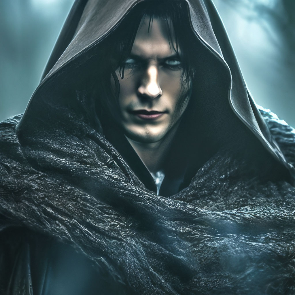 "A handsome vampire with a long bright cape with a hood. Layering ...