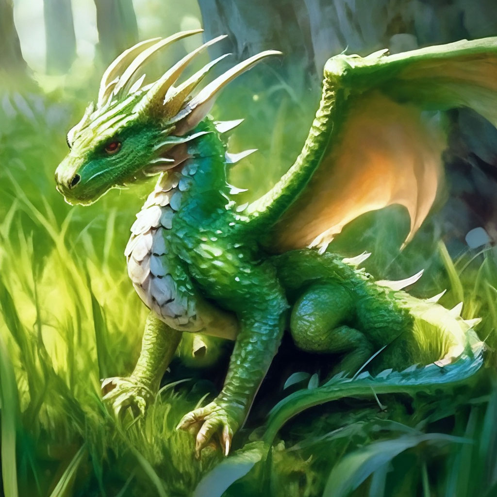 "A very small Dragon. The dragon has a long tail, single horns on its ...