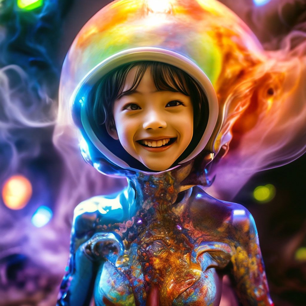 "Not an earthly cute alien girl, on another planet, smiling, quantum sphere metamorphosis, full ...