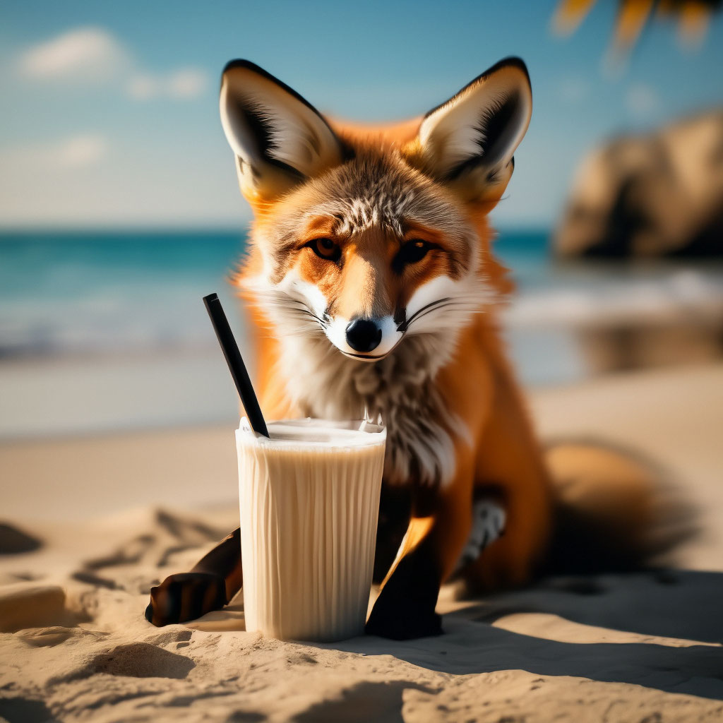 "Fox drinks smoothies with milk on the beach" — image created in Shedevrum