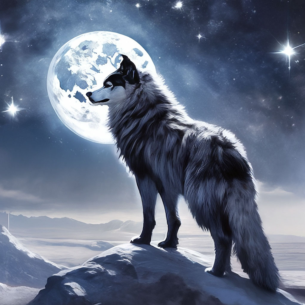 "Lunar two-faced, black and white wolf, with a long fluffy tail like a ...