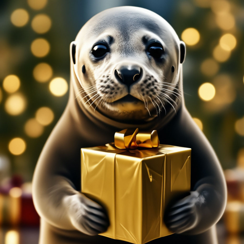 "A seal holds a golden gift in his hands" — image created in Shedevrum