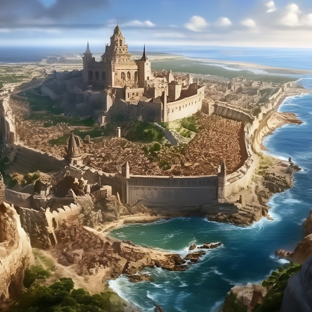 "A large medieval city on the seashore, massive city walls, towers ...