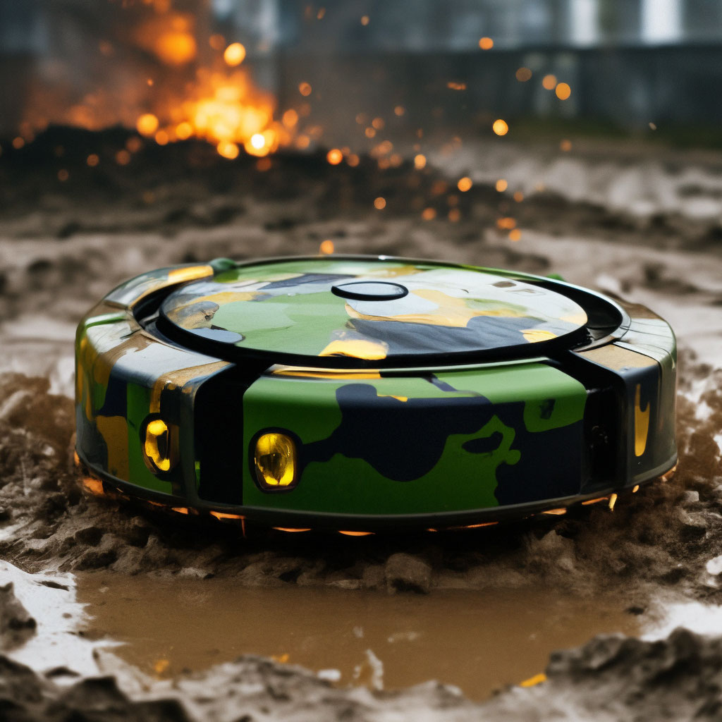 "A robot vacuum cleaner in camouflage crawls through the mud ...