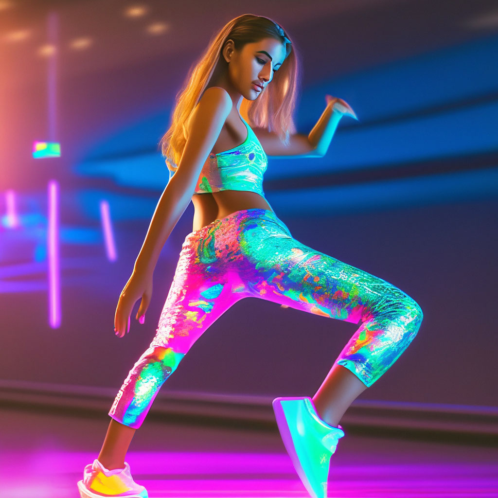 "Cute 20-year-old girl dancing hip hop, holographic bikini, crouched ...