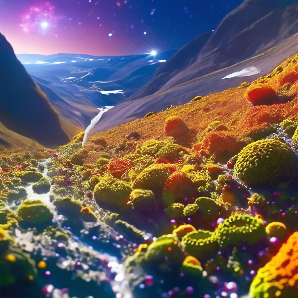 "Spaceship over multicolored bushy lichens made of beads and molten ...