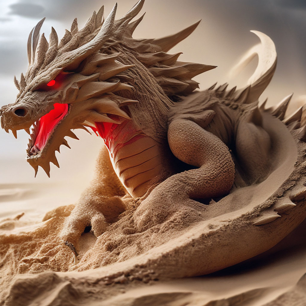 "A formidable dragon made of sand, a sand dragon, crumbles from a ...