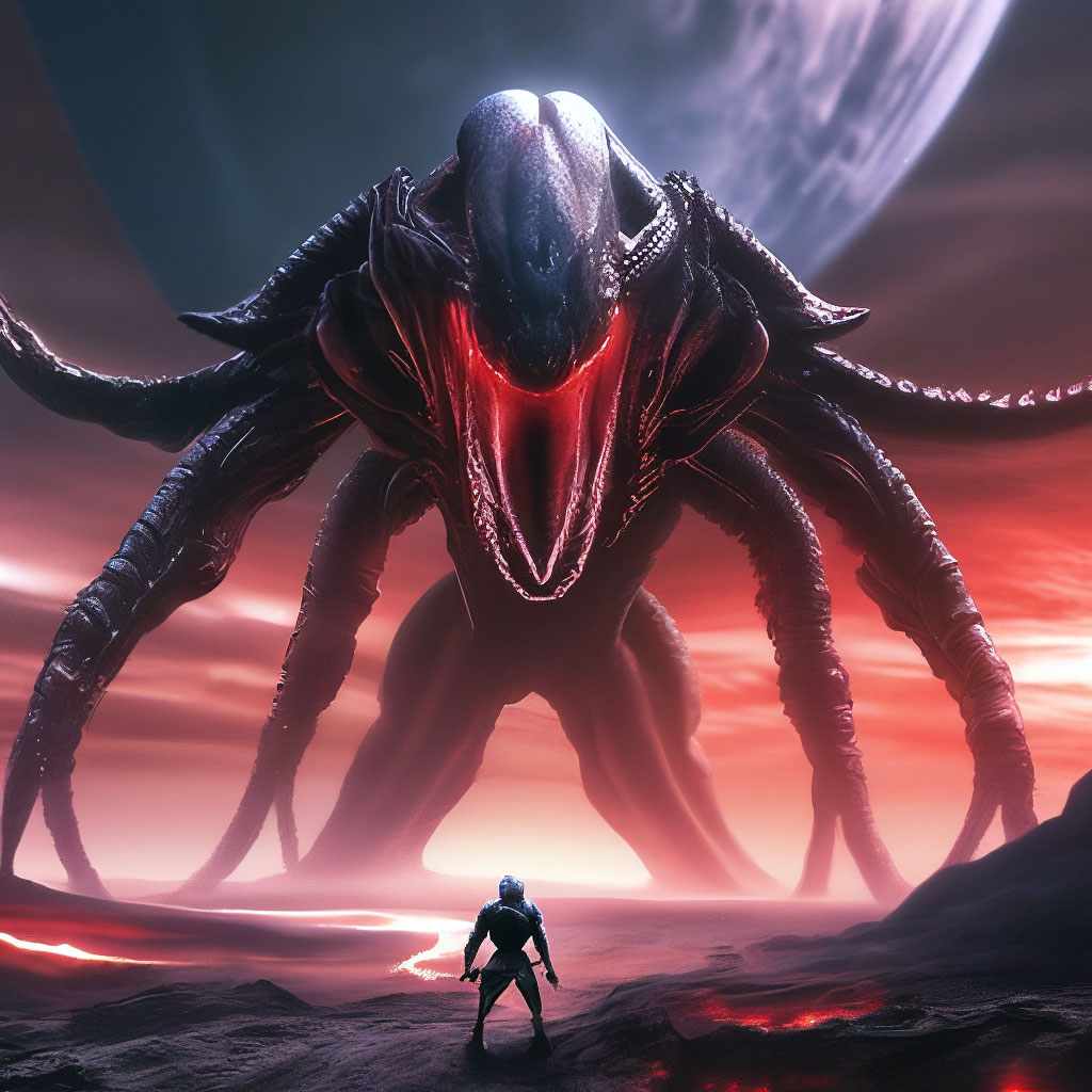 "Vile, evil, alien, huge toothy mouth, crimson eyes, with a scorpion ...