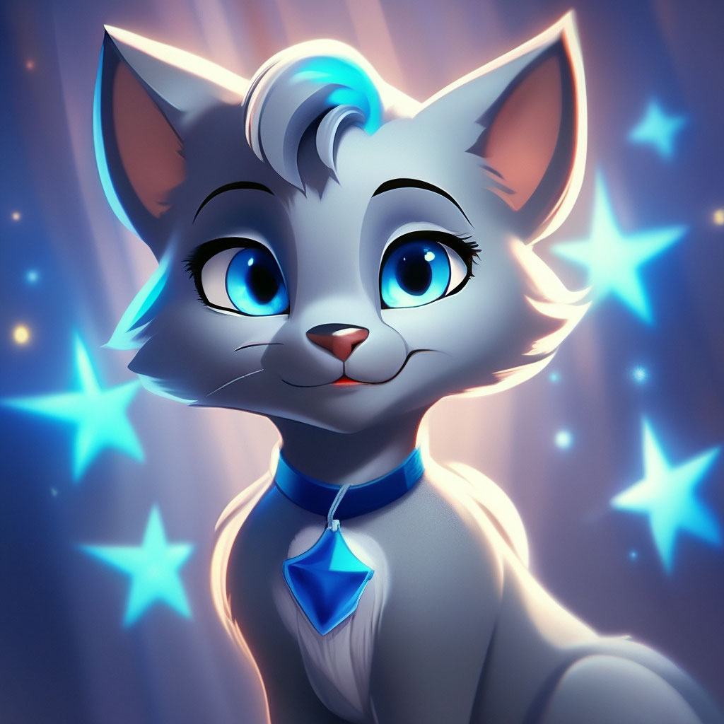 "Blue Star. Slender beautiful gray cat with blue eyes in Disney style ...