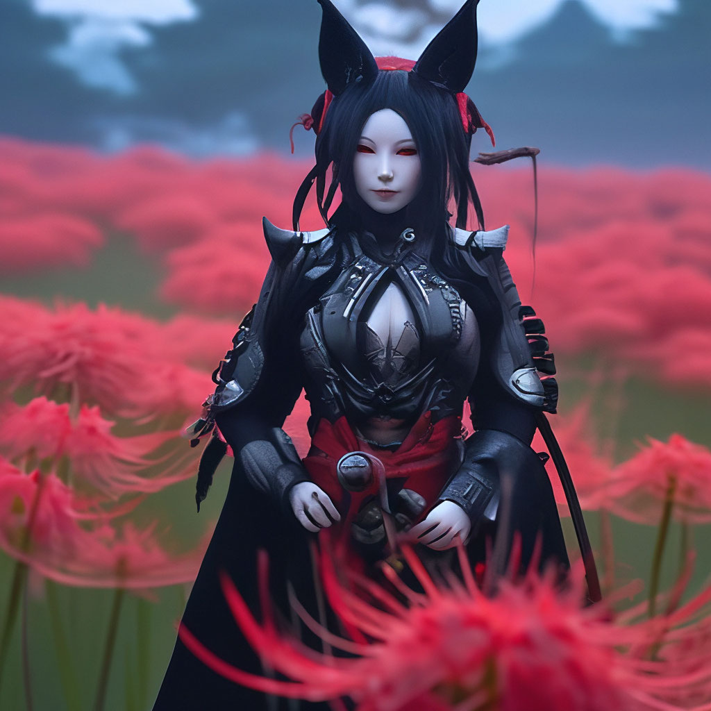 "A field of red lycorises, a black geisha cyborg kitsune stands on the ...