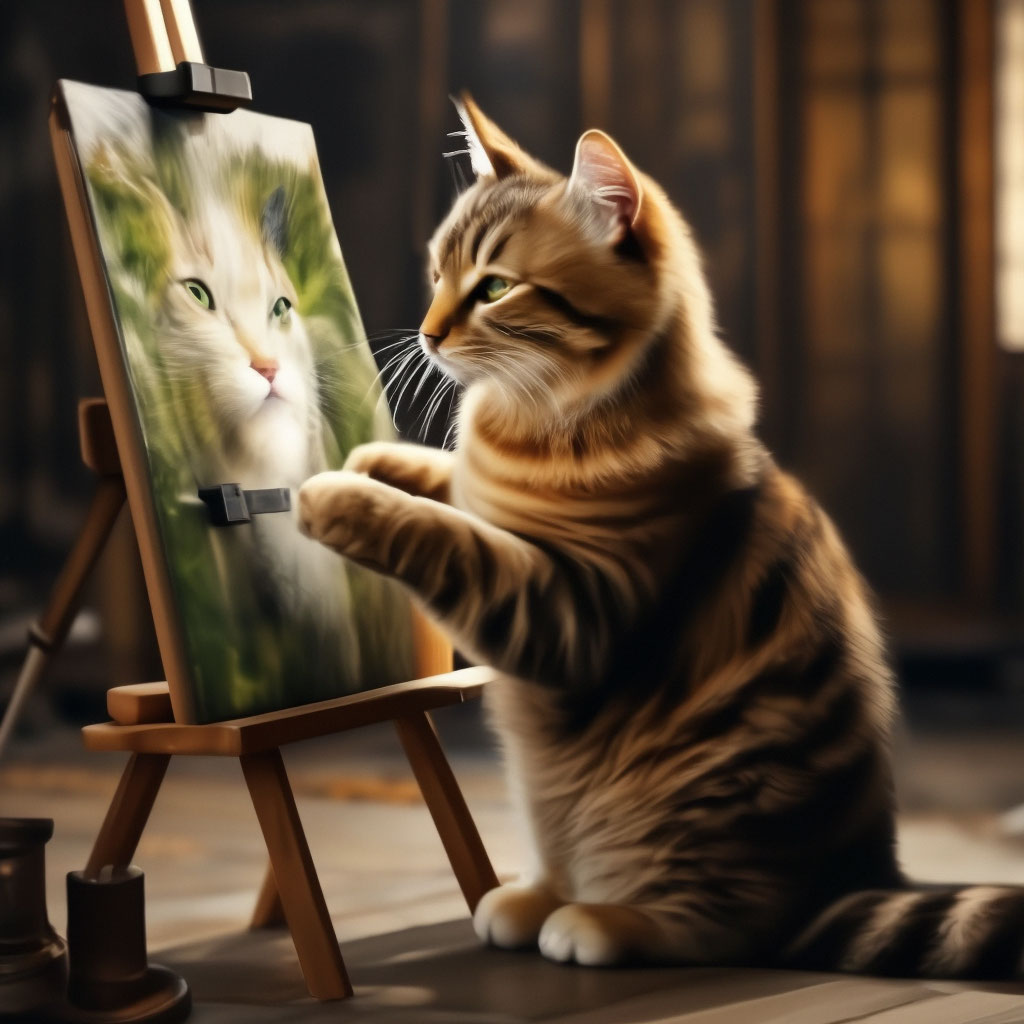 "A cat draws a drawing of a cat on an easel" — image created in Shedevrum
