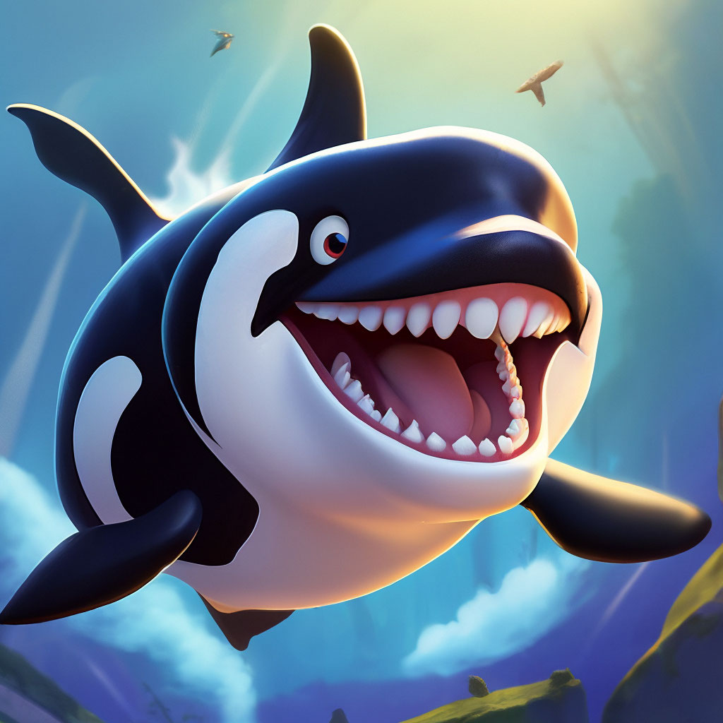 "Smiling orcinus orca cartoon, pixar" — image created in Shedevrum