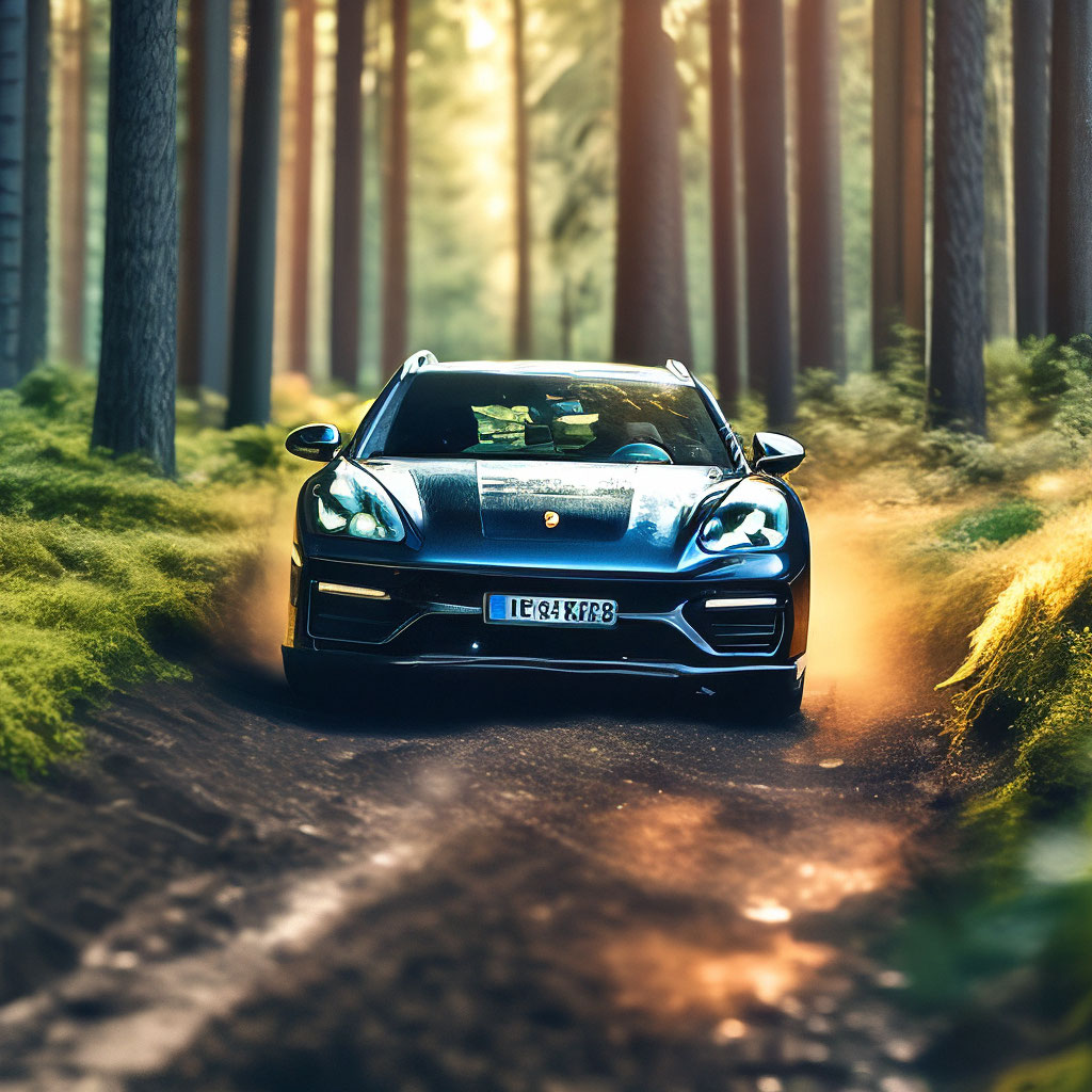 "Porshe panamera off road in the forest , ISO 100, 4k, realistic ...