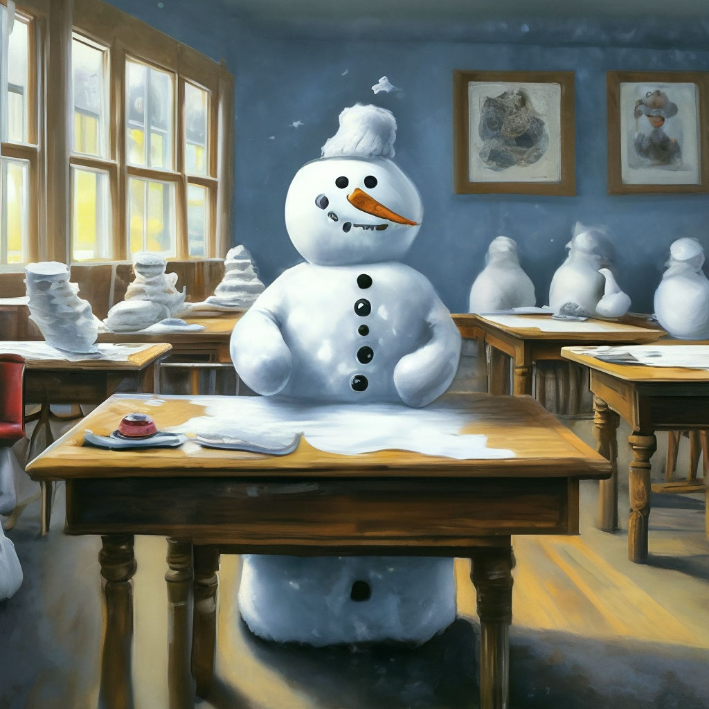 "A snowman at school at a desk" — image created in Shedevrum
