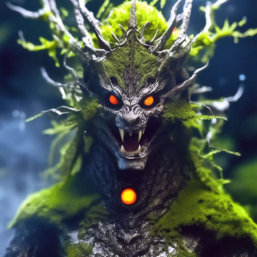 "LESHII realistic,scary, forest elf in a suit of moss, smoke,thunder ...