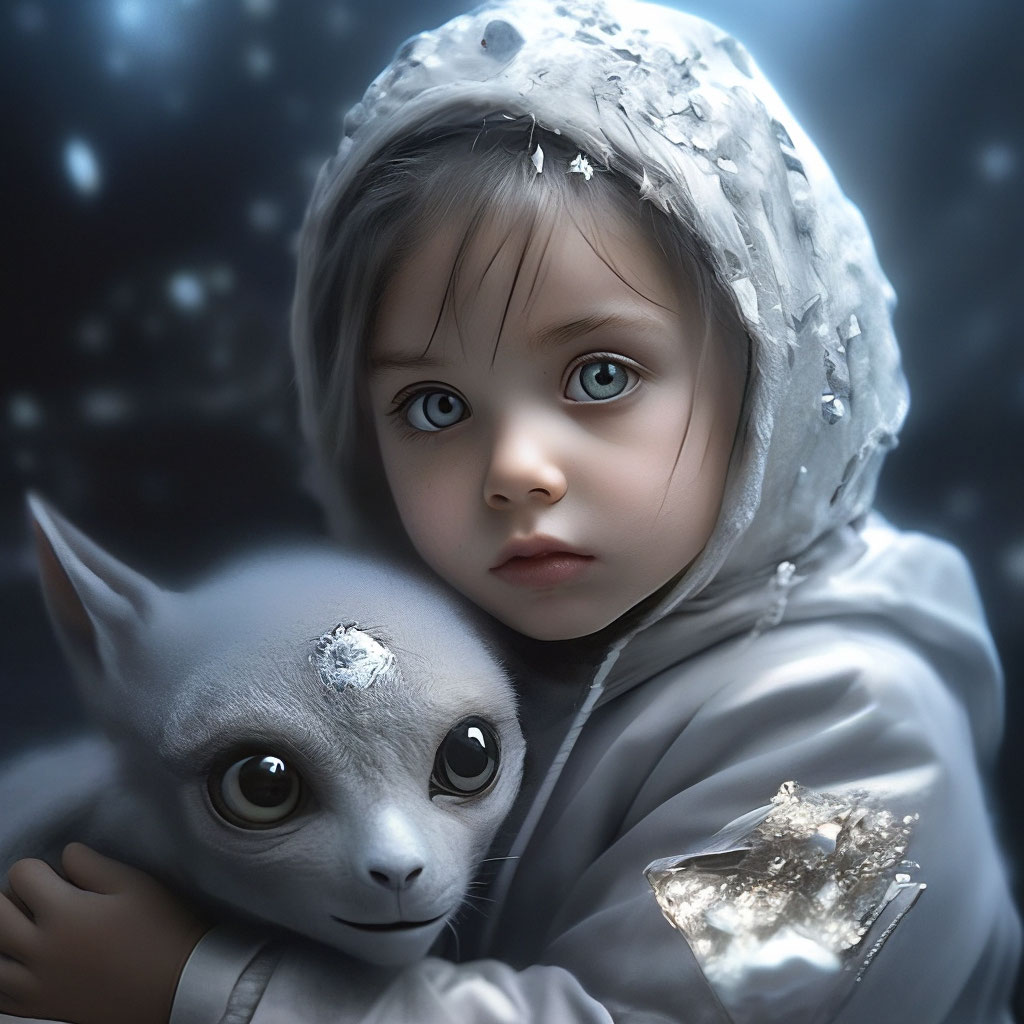 "Hyper realistic child and alien pet is sad, big eyes and eyelashes ...