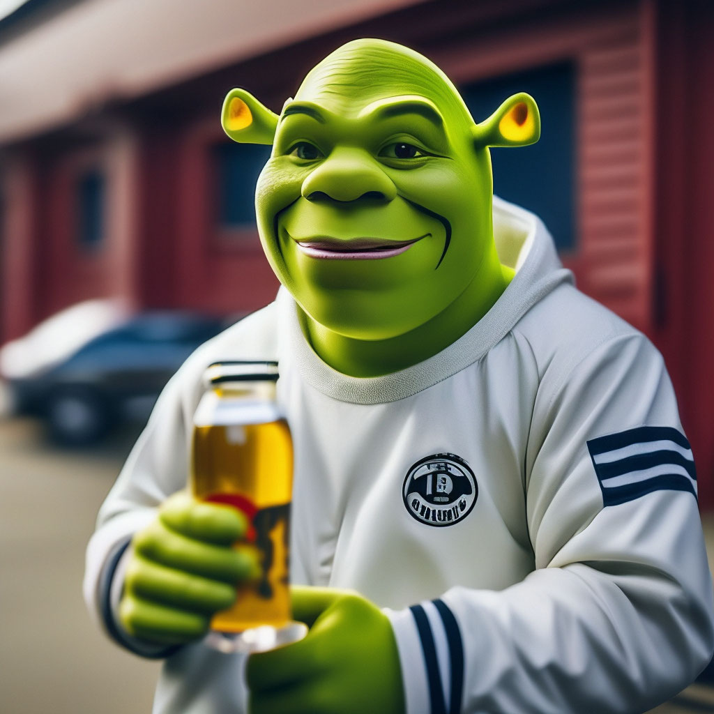 "Shrek Gopnik in an Adidas tracksuit drinks beer from a bottle behind ...