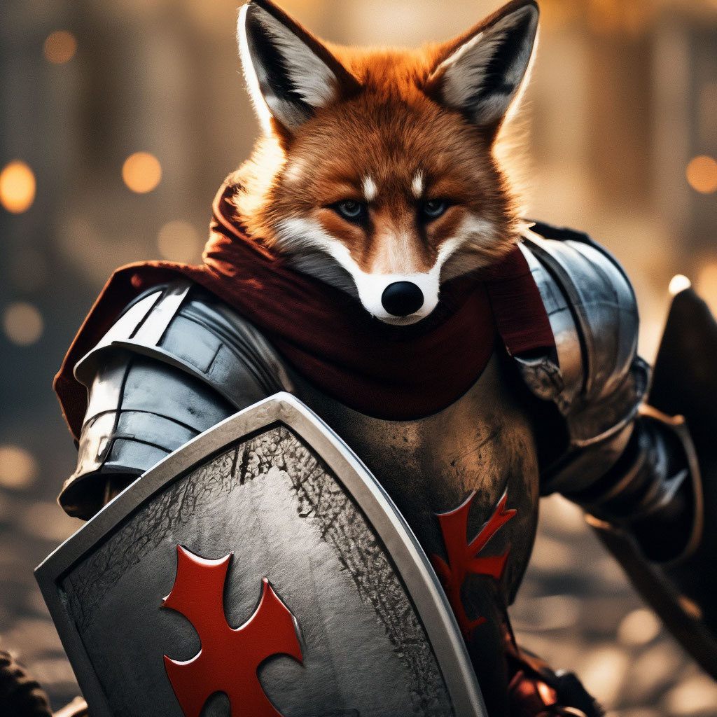 "Foxy knight with shield and sword fights with templar" — image created ...