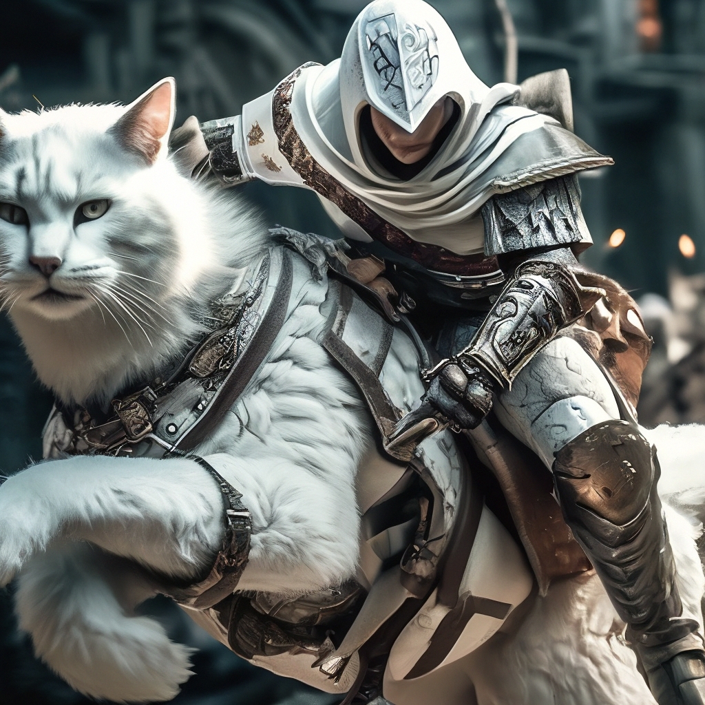"An assassin riding a white combat cat in armor intricate photo fantasy ...