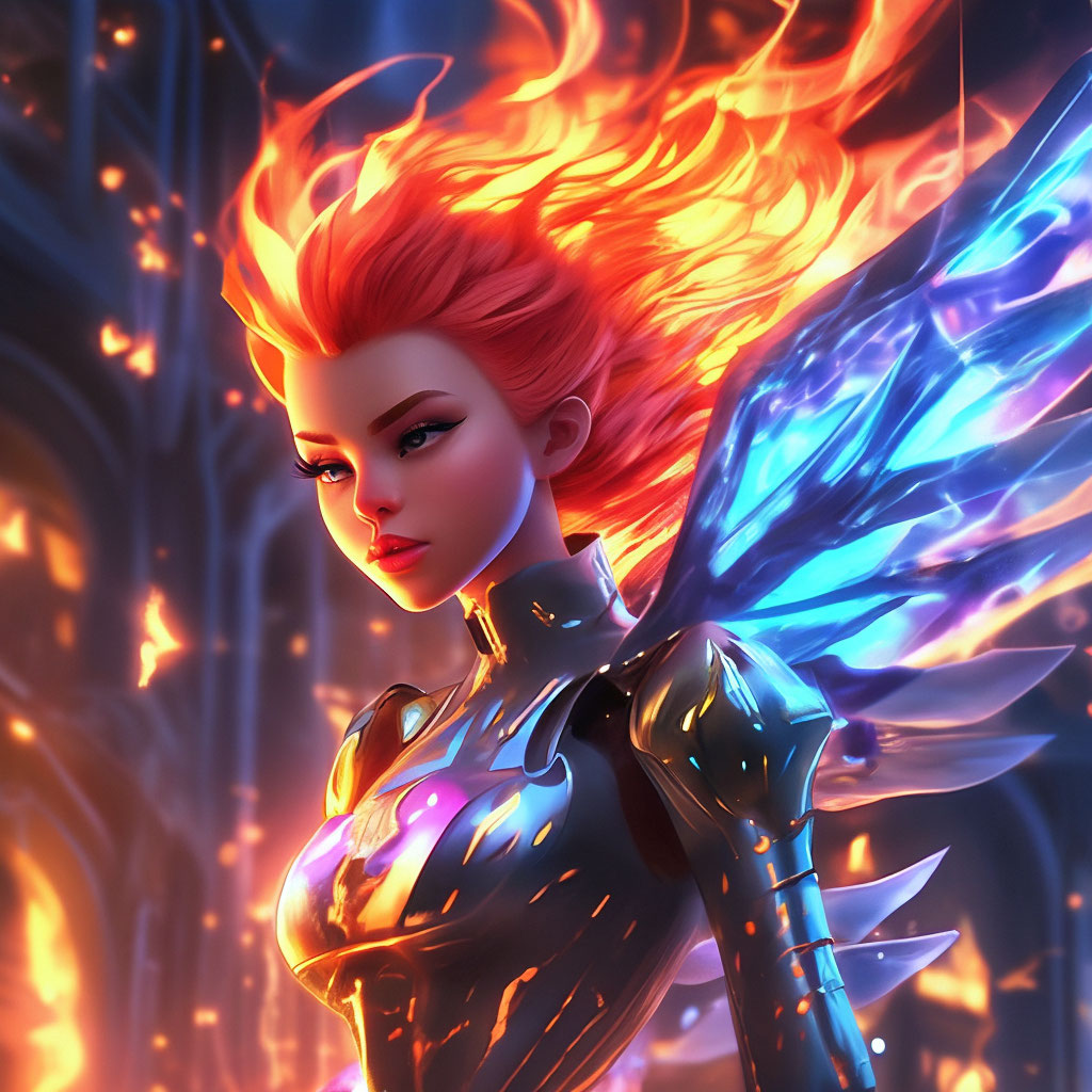 "Winx fairy, dragon flame bloom, cyberpunk realism fiery hair, fiery ...