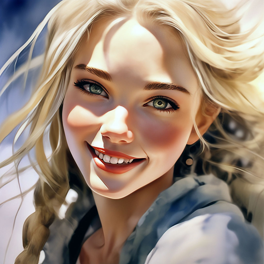 "A girl with big beautiful eyes squinting from the sun, head tilted to ...