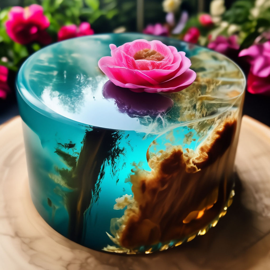 "Transparent cake made of epoxy resin" — image created in Shedevrum