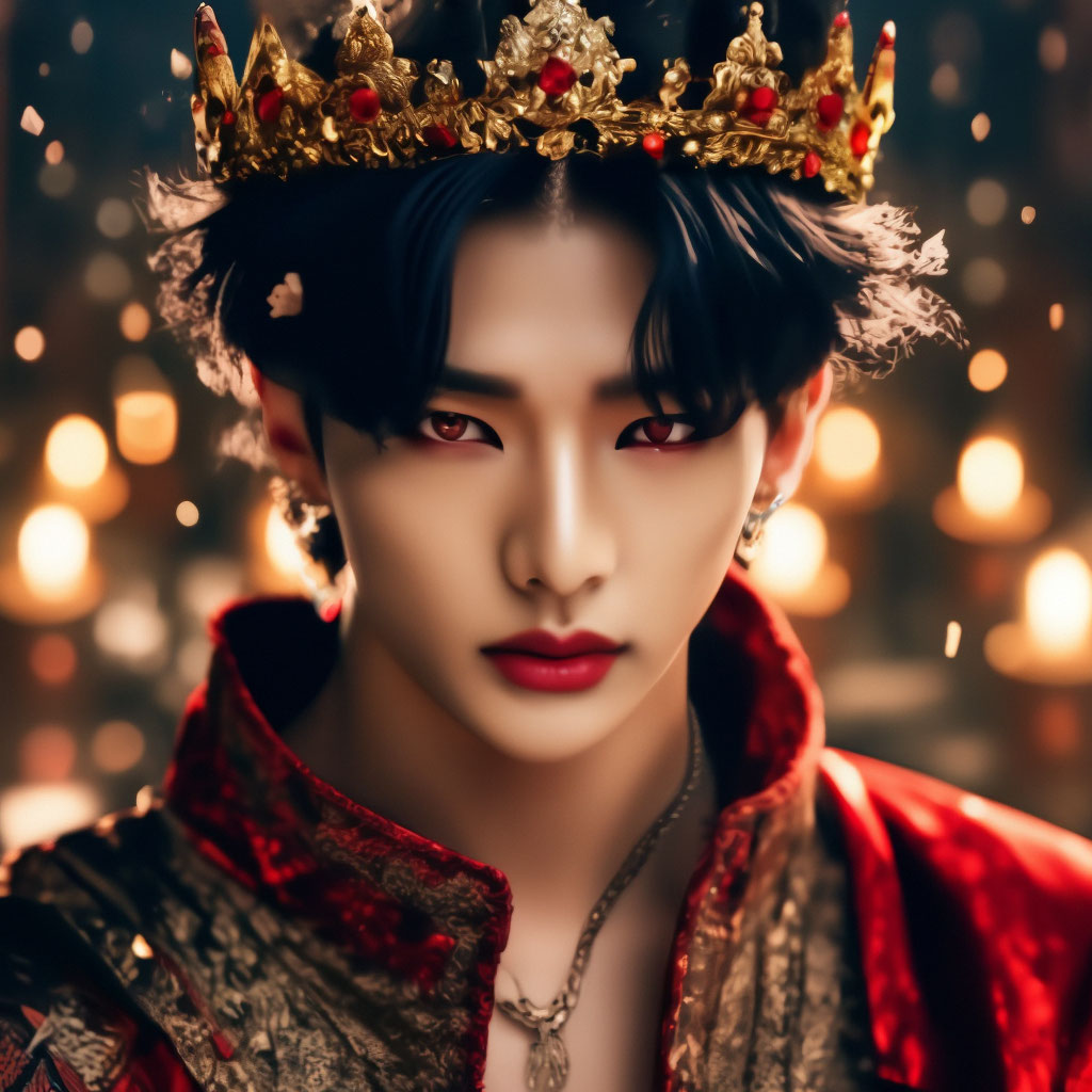 "Hwang Hyunjin (Stray Kids) glitter,gorgeous hair, red eyes, crown ...